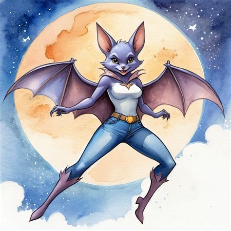 Anthropomorphic Bat In Jeans Watercolor Looney Tunes Style Stable