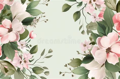 Pintura Acuarela De Delicadas Flores Rosadas Con Hojas Verdes Bordeadas