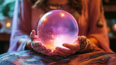 A Psychic In A Modern Living Room Holds A Crystal Ball Surrounded By