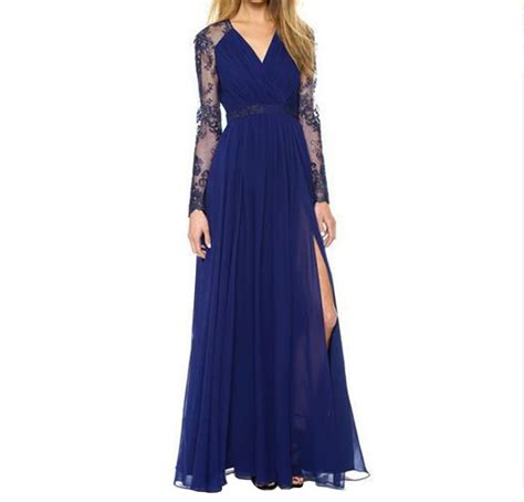 Sexy Blue Summer Elegant V Neck Long Lace Sleeve Fitted Dress Women