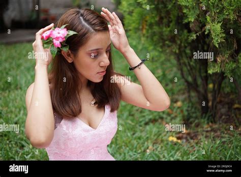 Beautiful Latin Hispanic Girl In A Pink Dress For Quinceanera