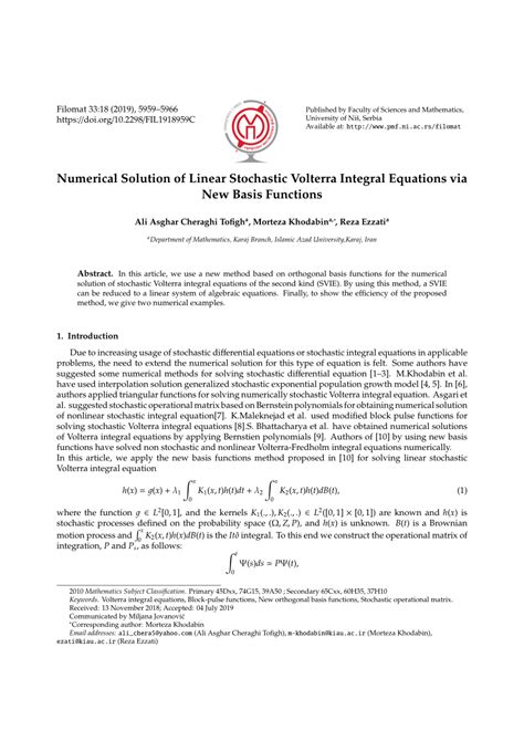 Pdf Numerical Solution Of Linear Stochastic Volterra Integral