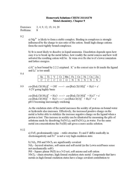 Inorganic Chemistry Metal Chemistry Solutions For Assignment Chem