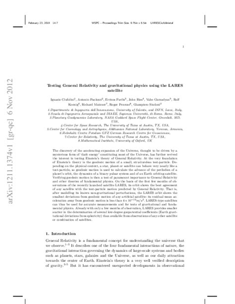 Pdf 1 Testing General Relativity And Gravitational Physics Using The Lares Satellite