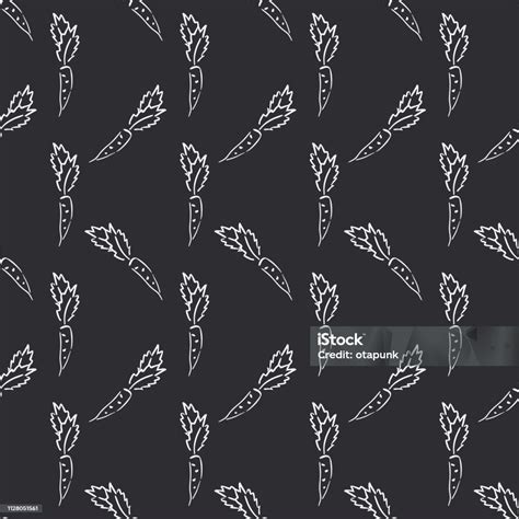 당근 채소 잎 일반 원활한 정원 패턴 벡터 단순화 된 복고풍 그림입니다 포장 또는 스크랩북 종이 배경 유치 한 낙서 예술입니다 디자인 벽지 직물 인쇄에 대 한 요소입니다