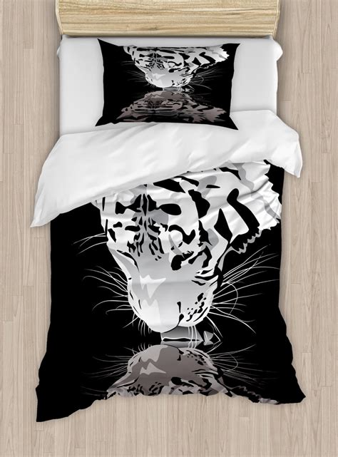 White Tiger Duvet Cover Set Twin Size Wild Mammal Drinking Water