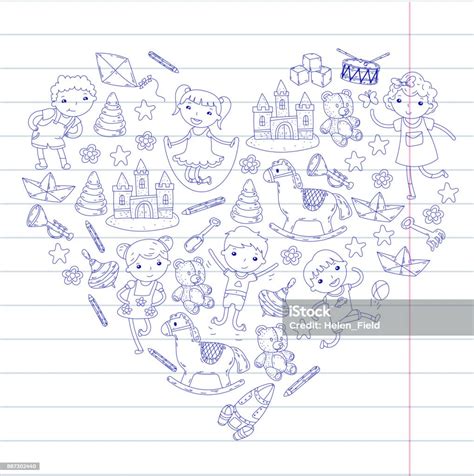 유치원 유치원 보육원 교육 어린이 낙서 패턴 아이 놀이 공부 하는 남자와 여자와 아이 드로잉 아이콘 공간 모험 탐험 상상력 개념 2 3 살에 대한 스톡 벡터 아트 및 기타