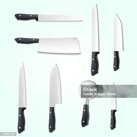 고립 된 현실적인 칼 아이콘 날카로운 블레이드 피자 고기 빵 물고기 벡터 일러스트 레이 션으로 설정 0명에 대한 스톡 벡터 아트