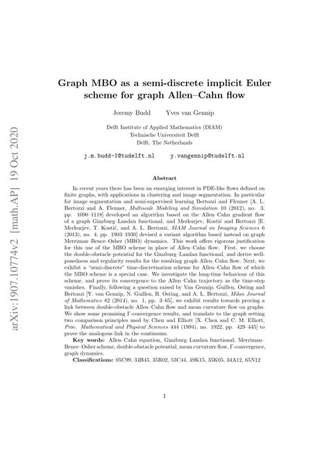 Pdf Graph Mbo As A Semi Discrete Implicit Euler Scheme For Graph Allen Cahn