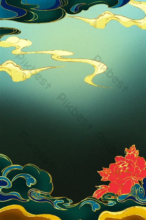 墨綠色中國風鄉村潮風吉祥雲牡丹花卉廣告背景圖案psd背景素材免費下載 Pikbest