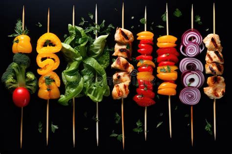 Chicken And Vegetable Kabobs Aesthetically On A Black Background