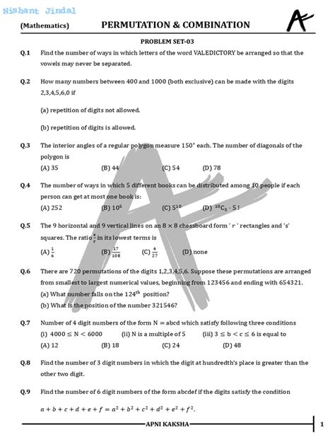 Dpp 03 Problem Set 03 Permutation And Combination Nj 247 Unlocked Pdf