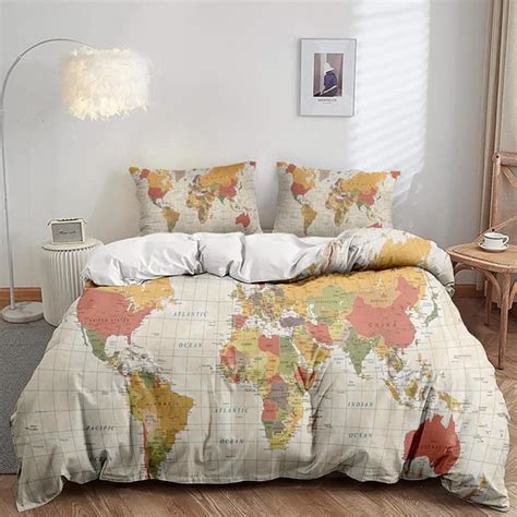 Housse de Couette Carte du Monde Jaune Synthétique Entretien facile et séchage rapide