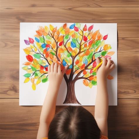 Premium Photo Girl Drawing At Babe Drawing A Tree With Colored Waxes The Tree Is Very