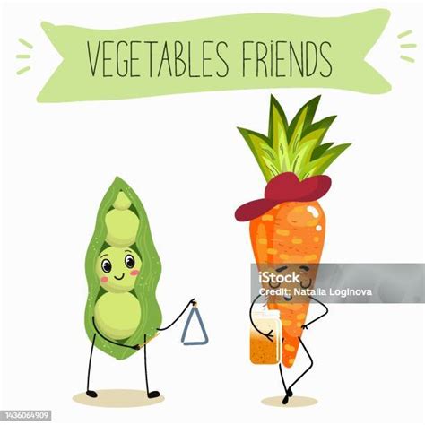 벡터 일러스트 레이 션 가장 친한 친구 야채 당근과 완두콩은 악기 삼각형을 재생 칵테일 당근 주스 재미 손으로 그린 만화 캐릭터 텍스트 친구 야채를 재생합니다