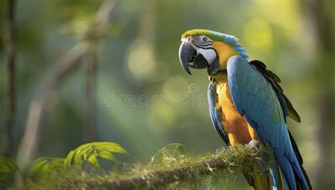 Beautiful Macaw Parrot Sitting On A Branch In The Forest Stock