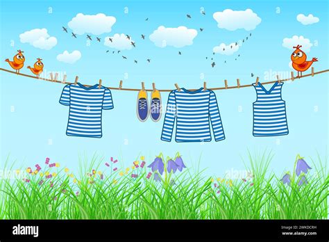 Striped Shirt Hang On Rope Sky And Grass Laundry Hanging On Washing