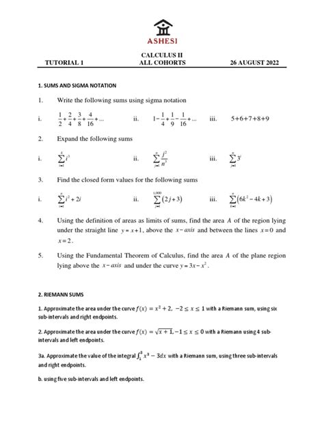 Calculus 2 Tutorial 1 Pdf Integral Mathematics