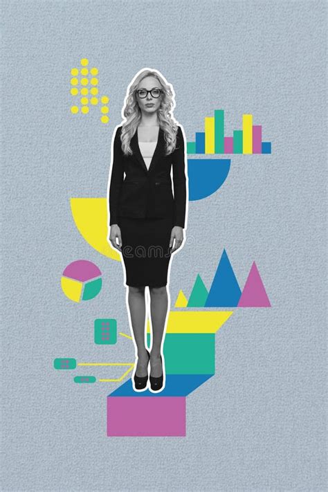 Vertical Image Collage Of Serious Businesswoman Stand Charts Diagram