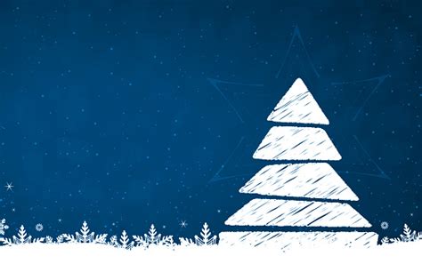 배경에 눈과 땅 전체에 눈송이와 복사 공간이 있는 반짝이는 점박이 배경으로 빛나는 하나의 창의적인 흰색 만화 크리스마스 트리가 있는 수평 어두운 자정 네이비 블루 크리스마스