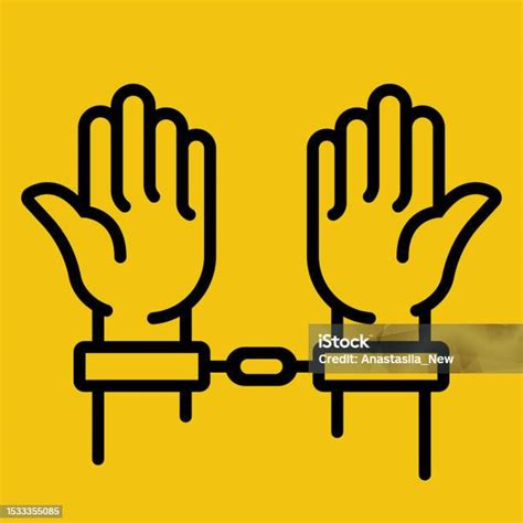 수갑을 채우고 검은 선 아이콘에 손을 얹는다 감옥에 갇힌 인간 죄수 개념입니다 갇힌에 대한 스톡 벡터 아트 및 기타 이미지