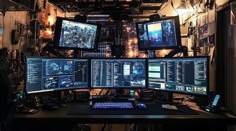 A Hackers Workstation With Multiple Monitors And A Keyboard Displaying