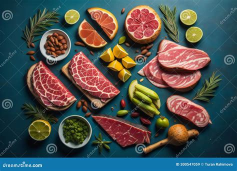 Foods High In Vitamin D On Blue Background Top View Stock Illustration