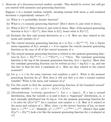 Solved 1 Moments Of A Gaussiannormal Random Variable This