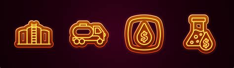 세트 라인 오일 탱크 저장 탱커 트럭 달러 기호 및 휘발유 시험관이 있는 드롭 빛나는 네온 아이콘입니다 벡터 0명에 대한 스톡 벡터 아트 및 기타 이미지 Istock