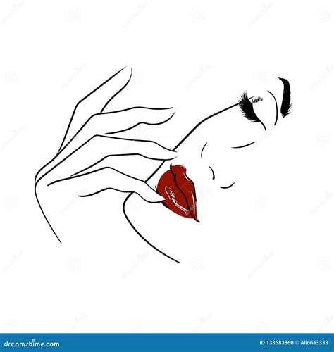 Outline Face With Red Lips And Closed Eyes Stock Vector Illustration