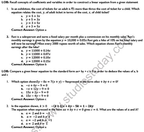 linear equations in two variables class 9 worksheet with answers