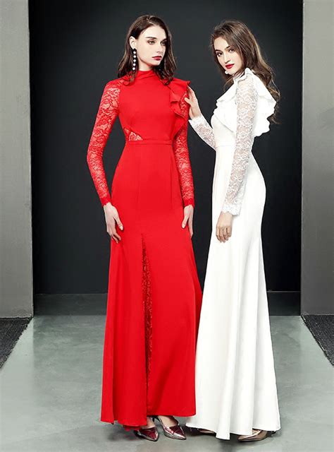 Fashion Mermaid Long Sleeve Satin Lace Prom Dress