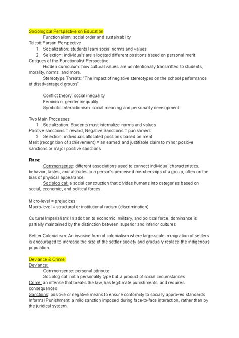 Sociology Cheat Sheet Test 3 Sociological Perspective On Education