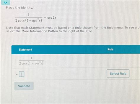 solved prove the identity 12cotx 1 cos2x csc2xnote that