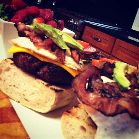Hamburgers With Grilled Bacon Fried Egg And Avocado