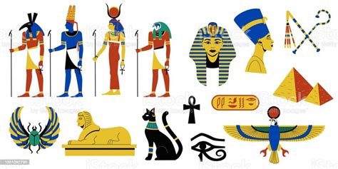 이집트 신화 컬렉션 고대 이집트 종교와 고고학 고대 파라오 신 여신의 상형 문자 상징 벡터 세트 이집트에 대한 스톡 벡터 아트 및 기타 이미지 Istock