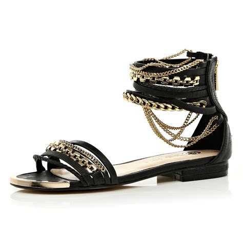River Island Black Multistrap Chain Sandals In Metallic Lyst Uk
