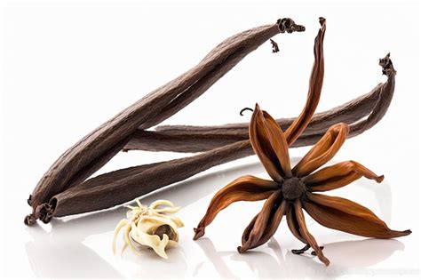 Vagens de baunilha secas e uma delicada flor de baunilha são isoladas