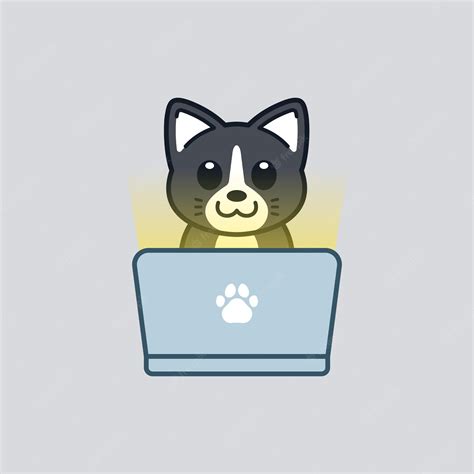Gato Bonito Usando Ilustração De Laptop Vetor Premium