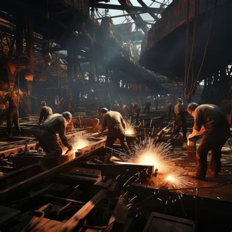 Premium Ai Image Shipyard With Workers Welding And Constructing