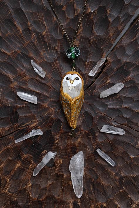 Barn Owl With Rhinestone Necklace Bird Pendant Barn Owl Charm Fantasy Owl Jewelry Polymer