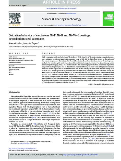 Pdf Oxidation Behavior Of Electroless Ni P Ni B And Ni W B Coatings Deposited On Steel Substrates