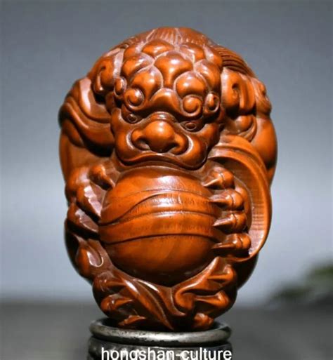 23 Old Chinese Boxwood Carving Foo Fu Dog Guardion Lion Animal Ball