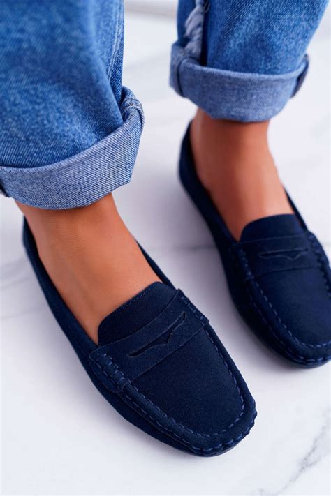 Womens Suede Leather Moccasins Navy Blue Tenzion Cheap And