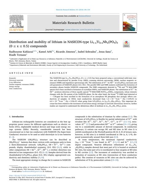 Pdf Distribution And Mobility Of Lithium In Nasicon Type Li1 Xti2 Xnbx Po4 3 0 ≤ X ≤ 0 5