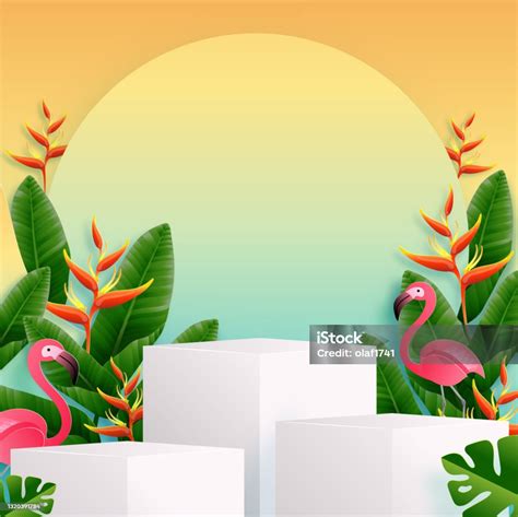 여름 휴가 벡터 디자인 3d 제품 포디엄 다채로운 열대 꽃 헬리코니아 로스트라타 잎 자연 플라밍고 배경 색상에 공예 스타일로 잘라 태양 요소 종이 계절에 대한 스톡 벡터