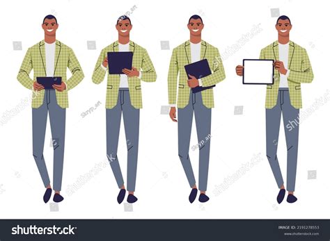 Group Poses Business Man Tablet Using Stock Vector Royalty Free