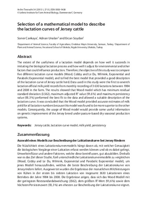Pdf Selection Of A Mathematical Model To Describe The Lactation Curves Of Jersey Cattle