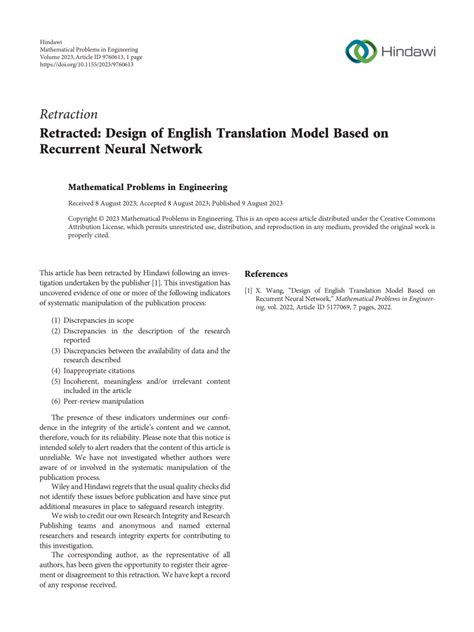 Pdf Retracted Design Of English Translation Model Based On Recurrent Neural Network