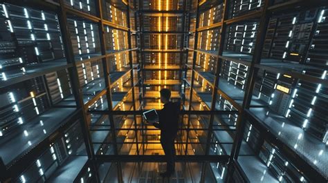 Photograph Of It Specialist Using Laptop In Data Center Server Farm
